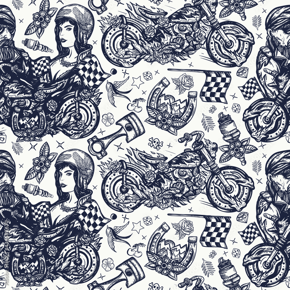 Bikers. Pin up moto girl, bearded biker man, burning chopper motorcycle ...