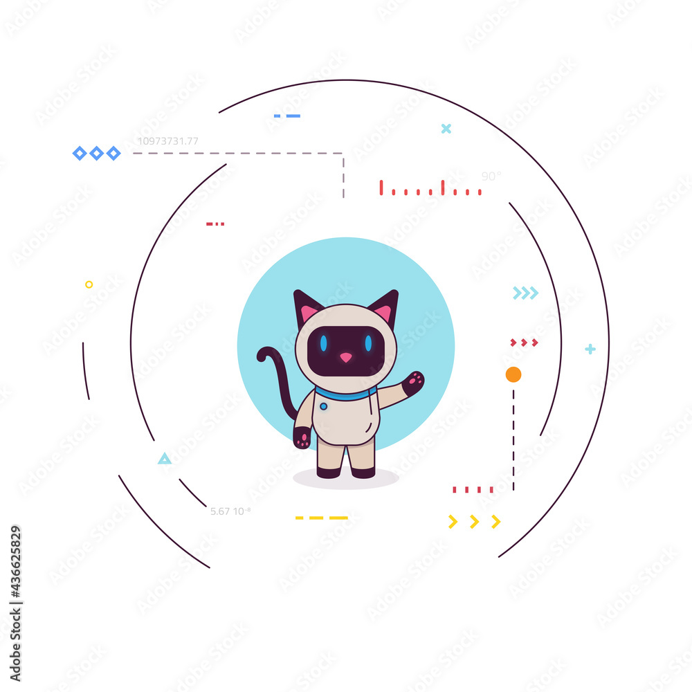 Smiling robot cat say hello. Happy bot presenting or greeting. Siamese ...