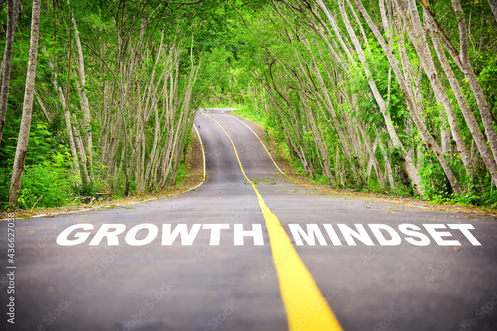 Growth mindset written on asphalt road surface. Self development to ...