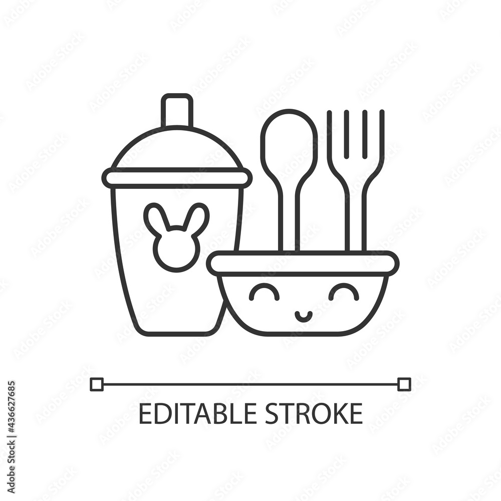 Kids dinnerware linear icon. Plates created for children to eat ...