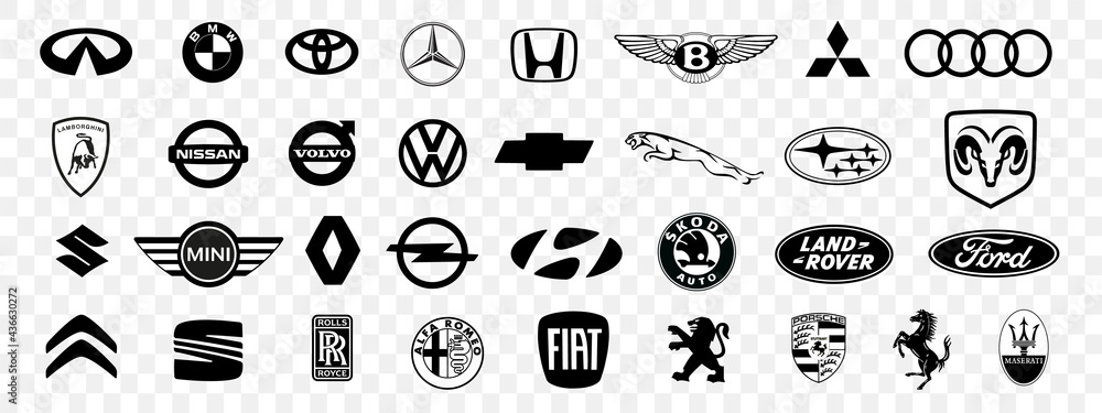 Car brands logos collection. VW, BMW, Audi, Mercedes, Lexus, Renault ...