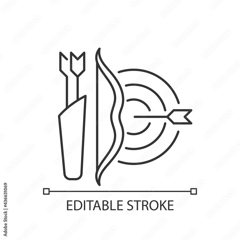 Archery linear icon. Using bow to shoot arrows. Hunting, recreational ...