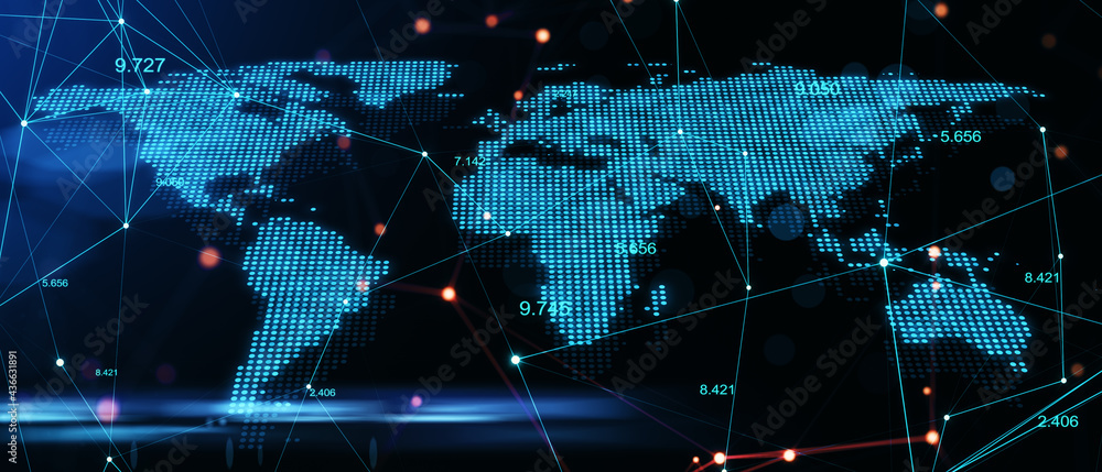 Global stats data concept with dark background and digital glowing ...