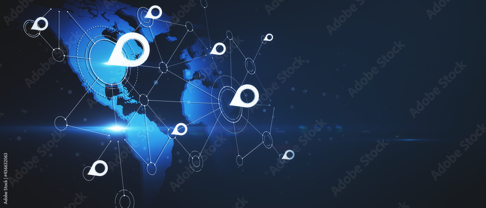 Geolocation and navigation concept with bright digital pin marks and ...