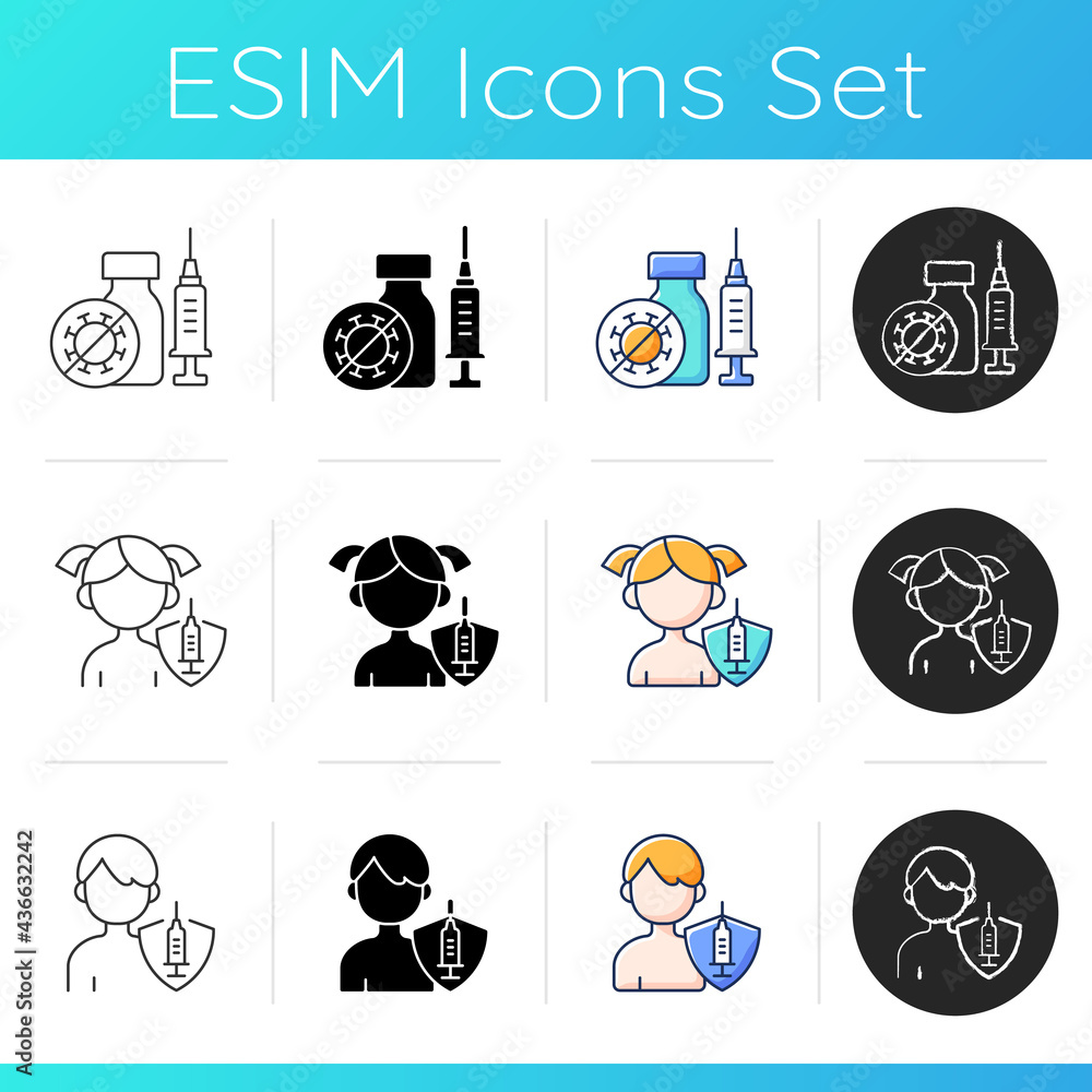 Children vaccination icons set. Covid vaccine. Immunization for kids ...