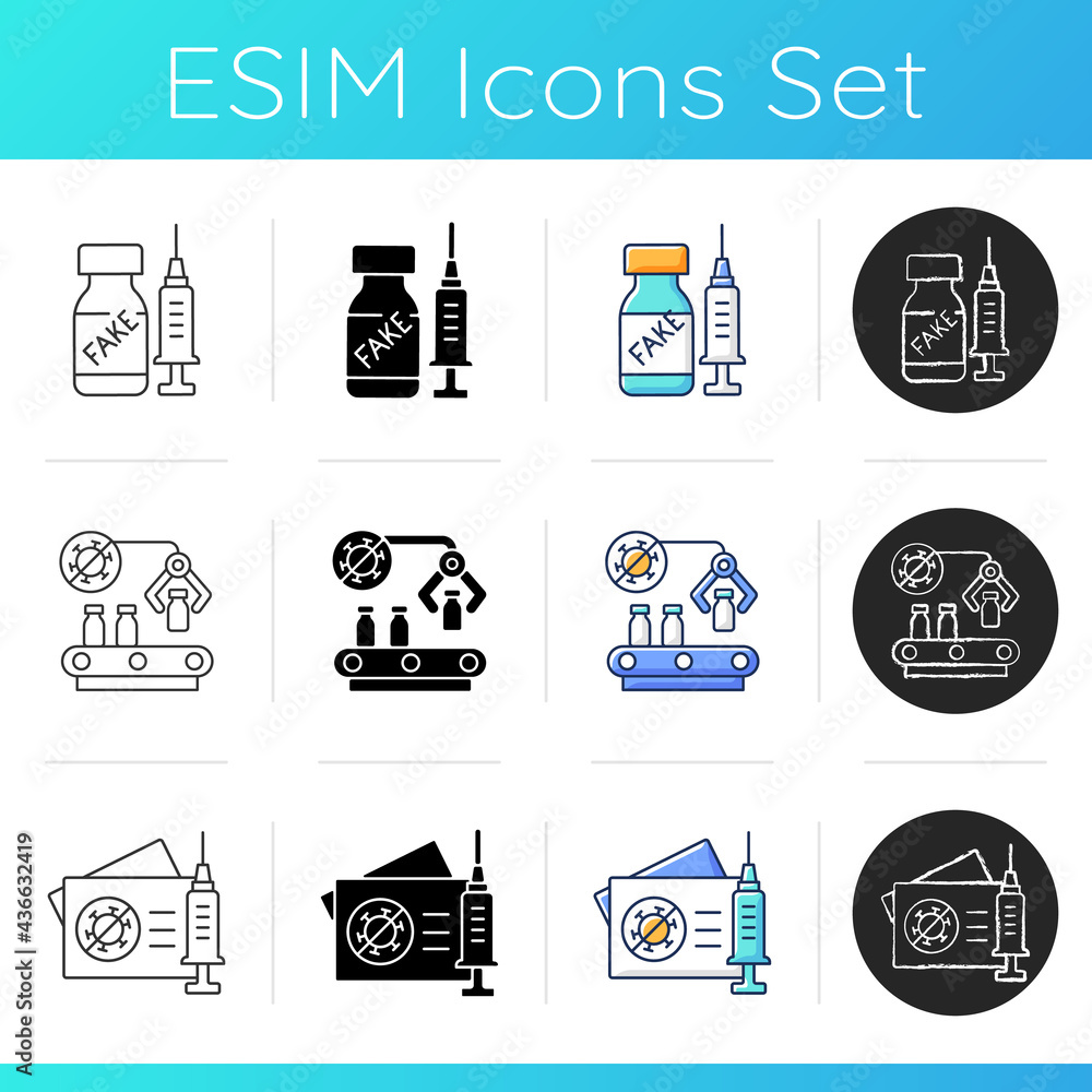Vaccine production icons set. Fake pharmaceutical drug. Medical ...