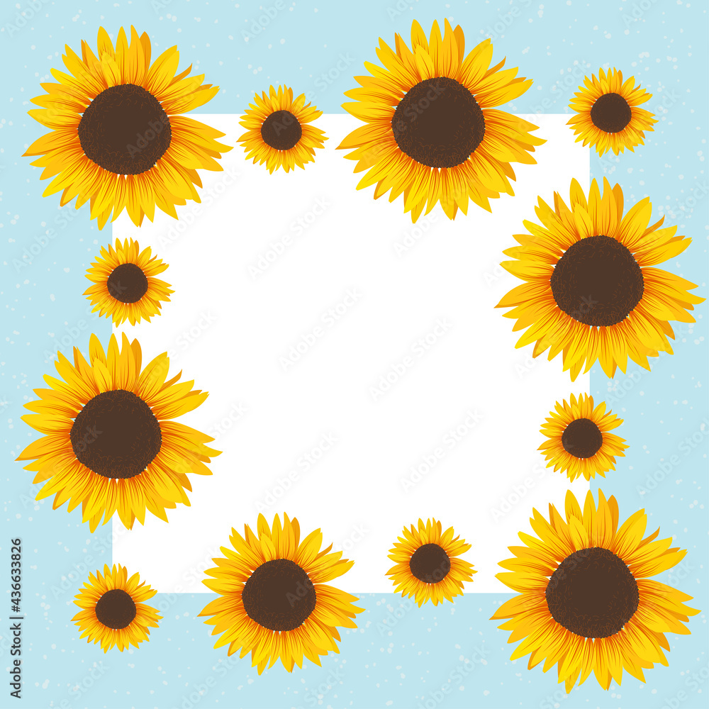 Frame border ornament square. Bright sunflowers on a blue background ...