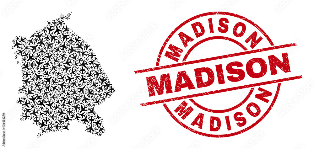 Madison rubber seal stamp, and Pavlodar Region map mosaic of aircraft ...