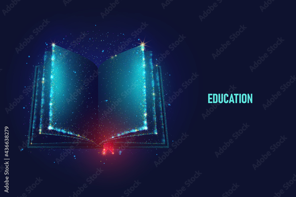 Open book vector illustration made of neon particles. Bright magic book ...