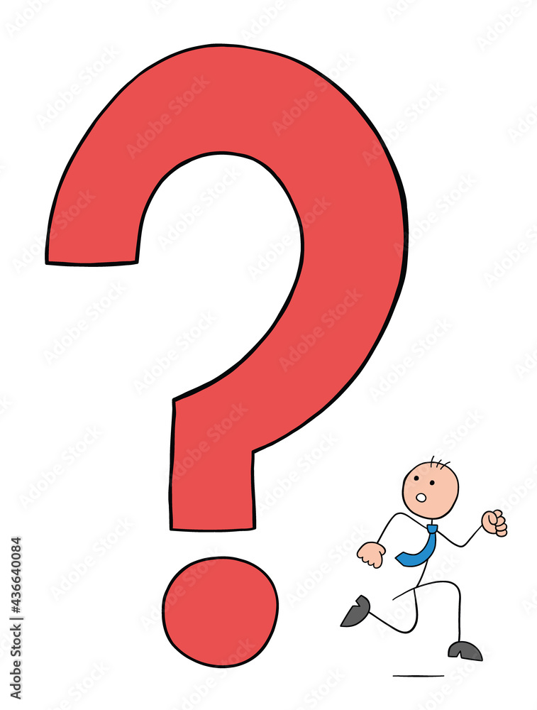 Stickman businessman character afraid of the huge question mark and ...