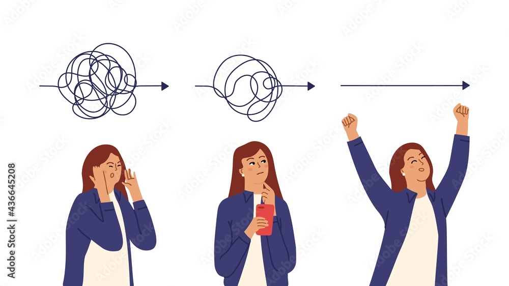 Simplicity process. Girl simplifies matter, thoughtful business woman ...