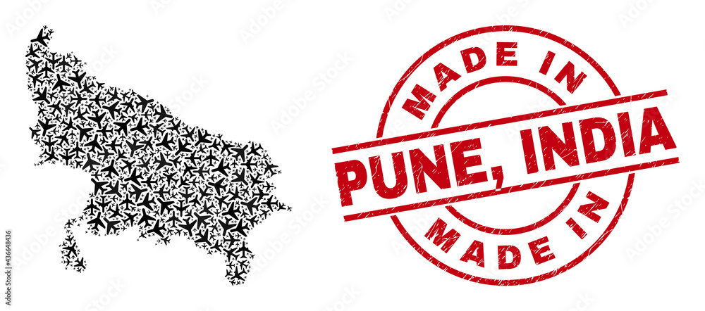 Made In Pune, India scratched seal stamp, and Uttar Pradesh State map ...