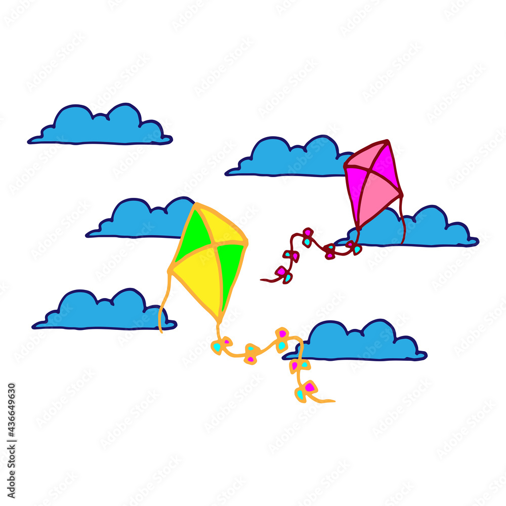 kite illustration in the sky. flying kite, play outdoor activity. hand ...