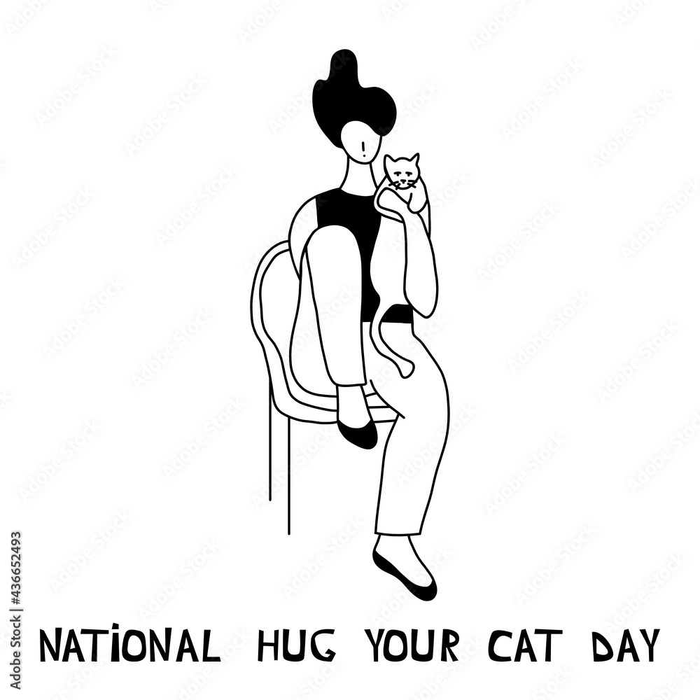 Vector illustration with woman hugging a cat. Cartoon character ...