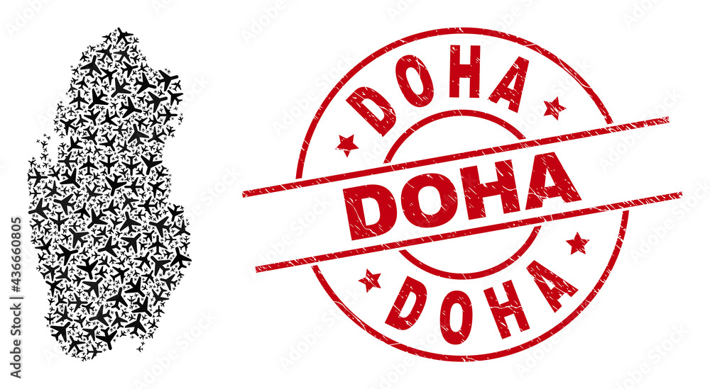 Doha grunge stamp, and Qatar map mosaic of air force items. Mosaic ...