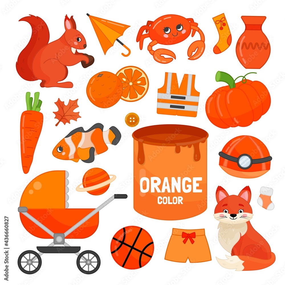 Vector set of orange color objects. Learn orange color. Illustration of ...
