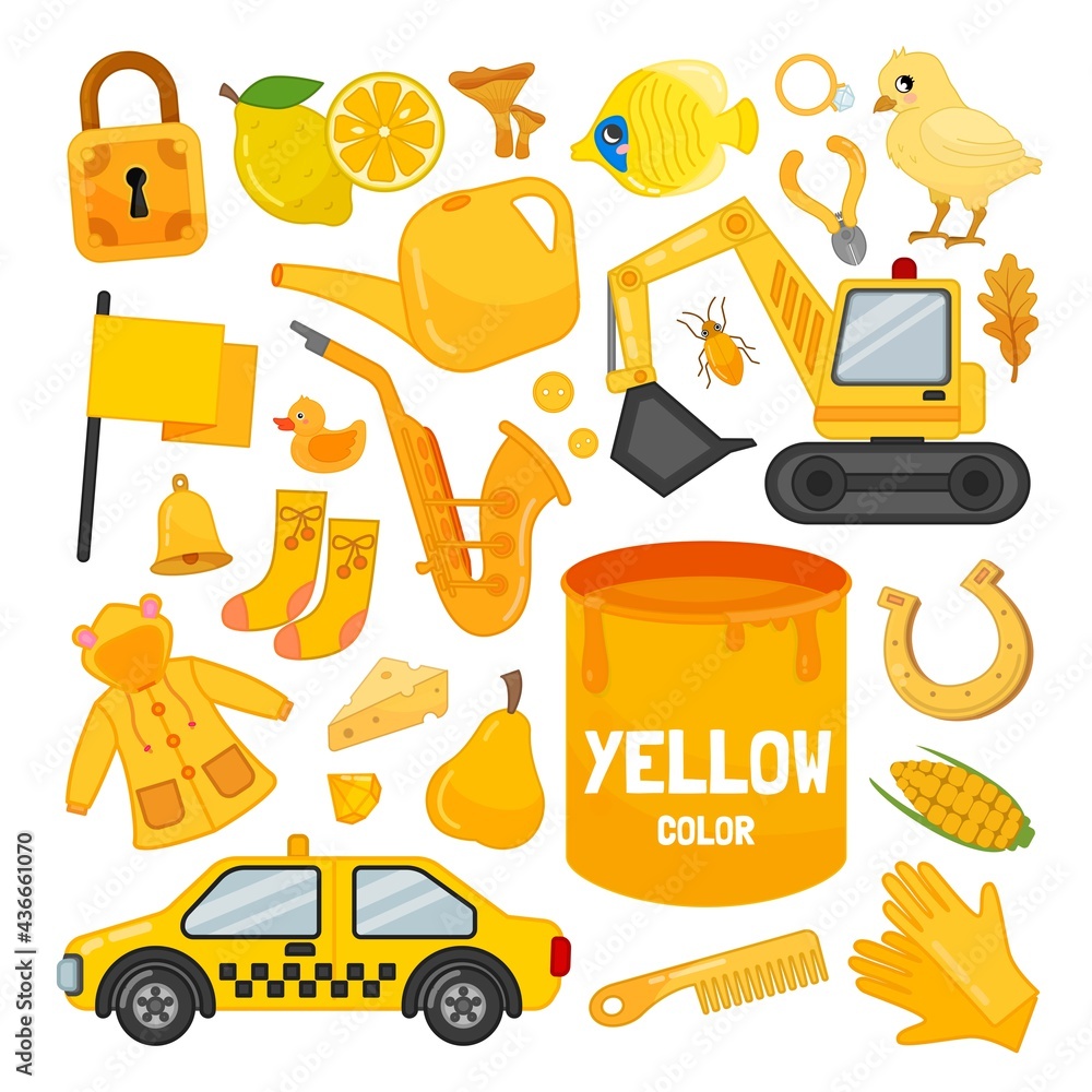 Vector set of yellow color objects. Learn yellow color. Illustration of ...