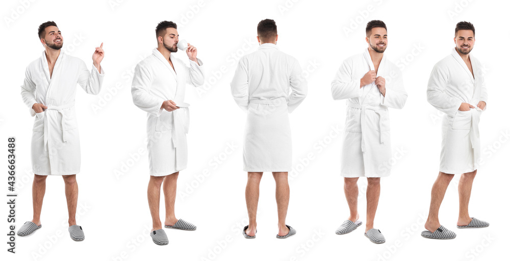 Man wearing bathrobe on white background, collage. Banner design Stock ...