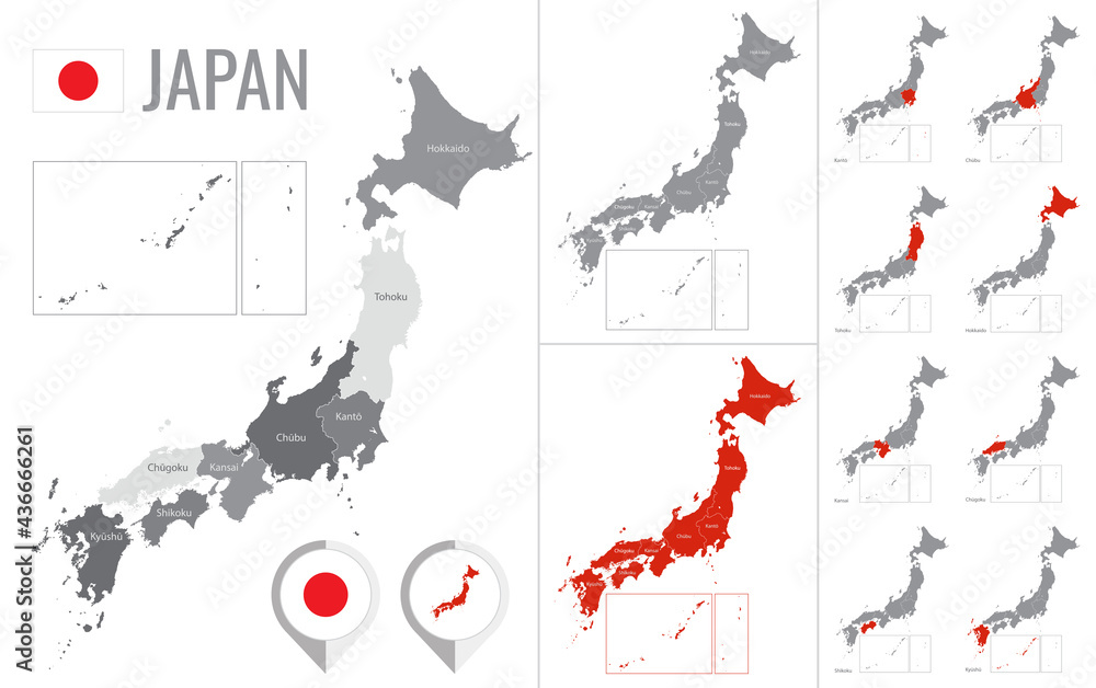 Detailed vector map of regions of Japan with flag Stock Vector | Adobe ...