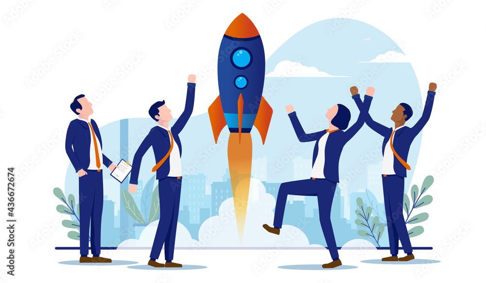 Launching new business - Team of people celebrating rocket launch ...