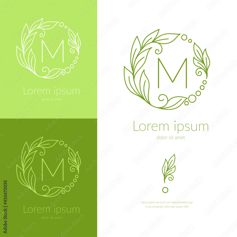 Green linear leaf frame. Elegant, classic vector. Can be used for ...