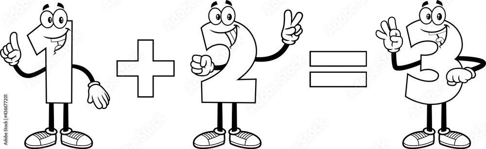Outlined Funny Number 1 Plus Number 2 Equals Number 3 Cartoon Character ...