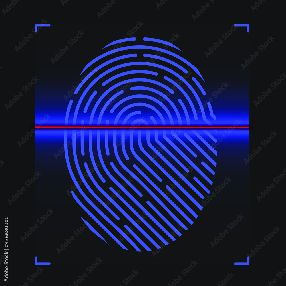 Fingerprint scanning and identification showing a blue whorled print ...