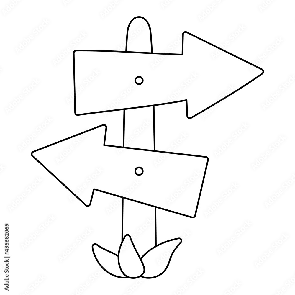 Vector wooden road direction sign black and white illustration. Outline ...