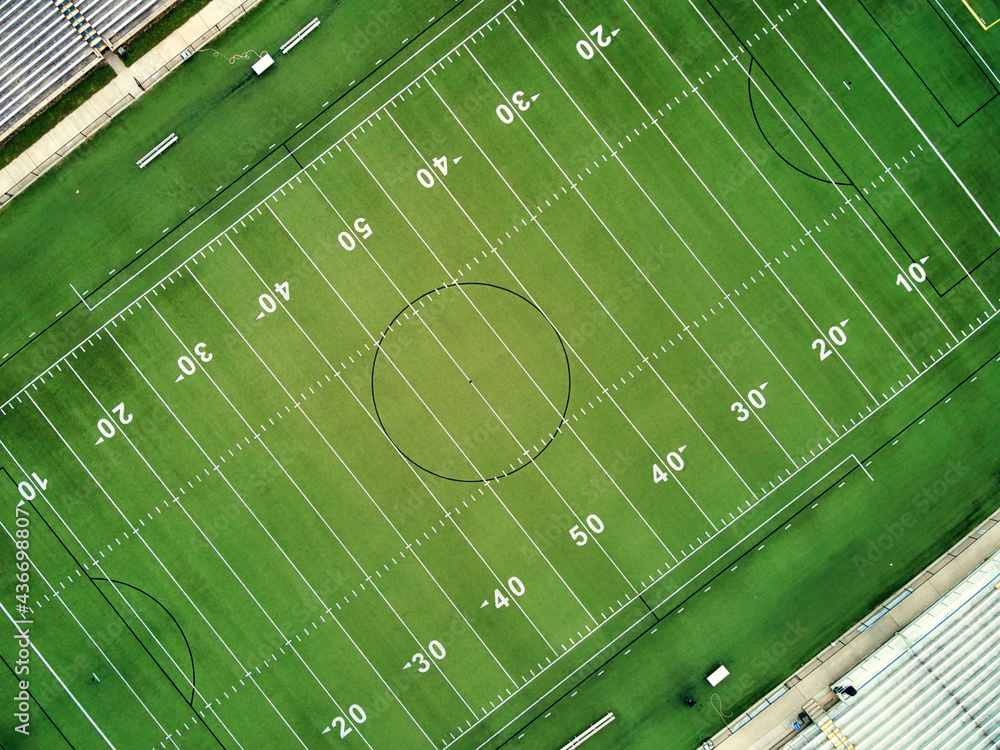 An aerial view of a football field showing the yard lines. Stock Photo ...