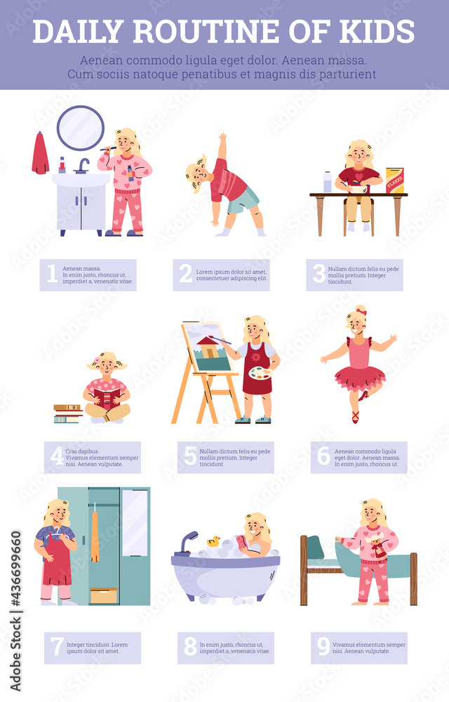 Kids daily routine banner with girl in daily activity, flat vector ...