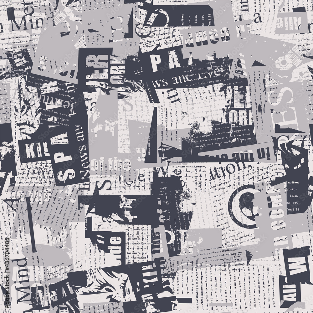 Abstract seamless pattern with chaotic layering of newspaper text ...
