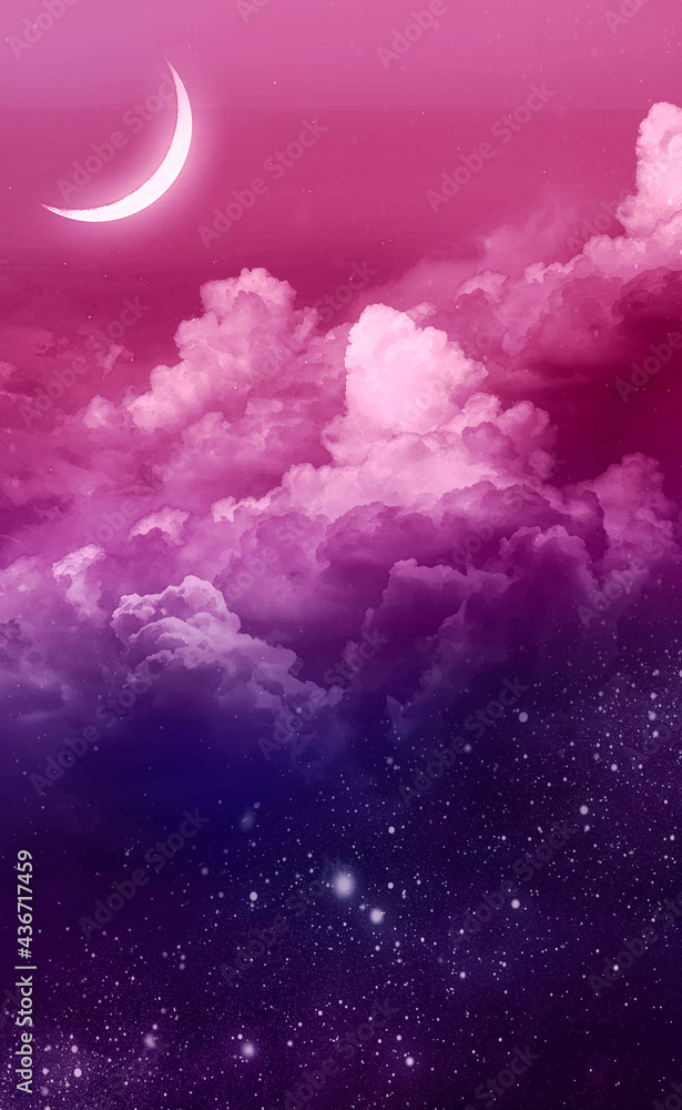 Magic, pink landscape with a glow moon and bright stars in deep space ...