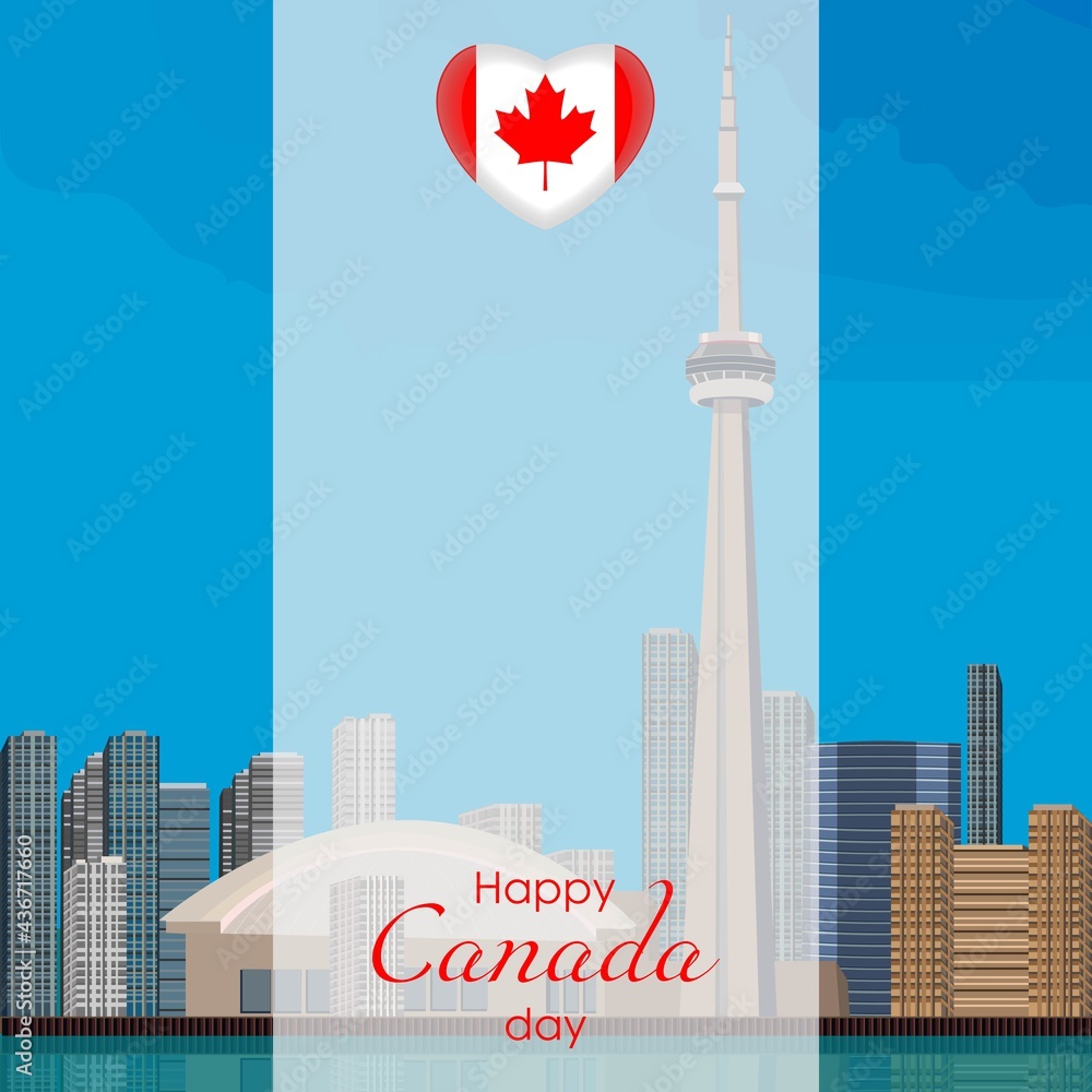 Canada day. Banner with Canada flag, maple leaf, Canada landscape with ...