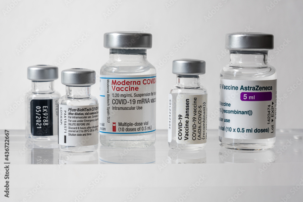 Vials of Astrazeneca, Pfizer BioNTech, Janssen and Moderna Covid-19 ...