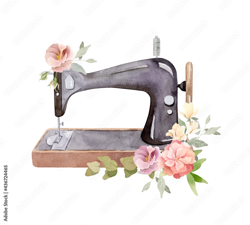 Watercolor hand painted sewing-machine decorated with flowers. Stock ...