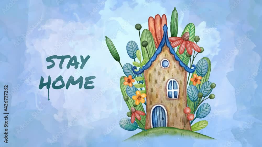 Animation video of a watercolor house and flowers on a blue background ...