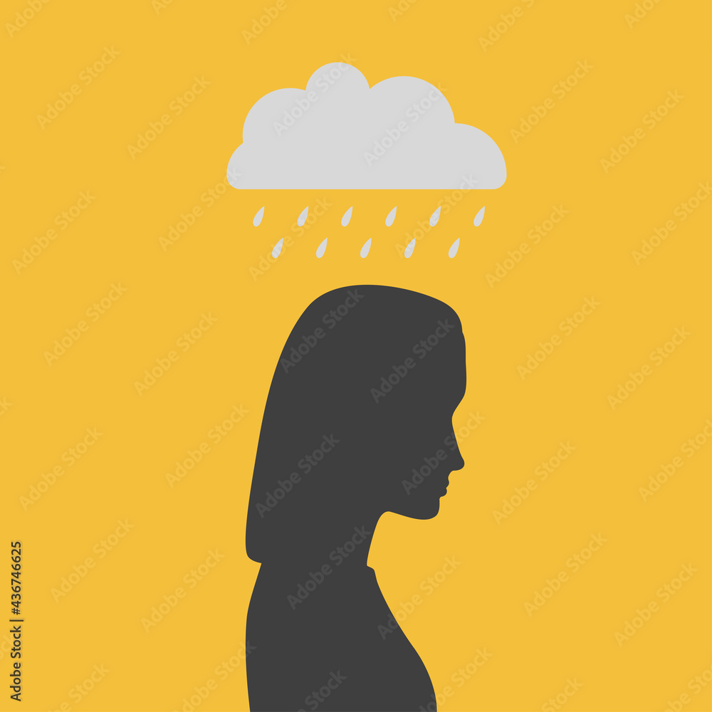 Silhouette profile of sad woman with raining cloud above her head ...