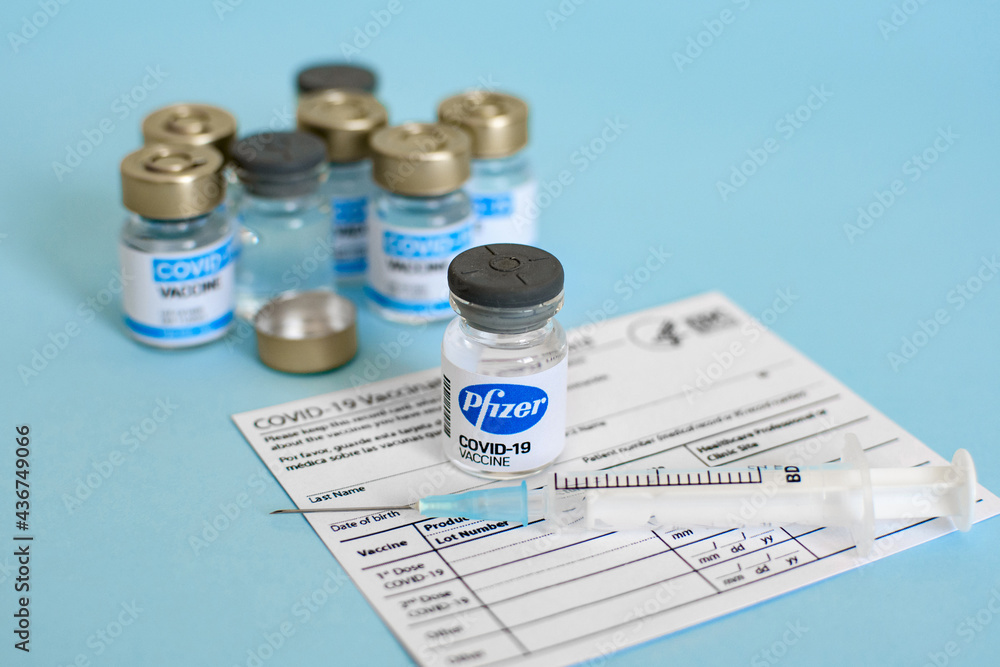 ZAGREB, CROATIA - May 29, 2021: Close-up image of pfizer vaccine vial ...