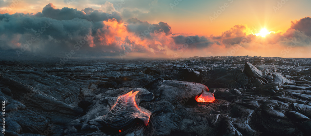 Lava Field under sunset clouds on background Stock Photo | Adobe Stock