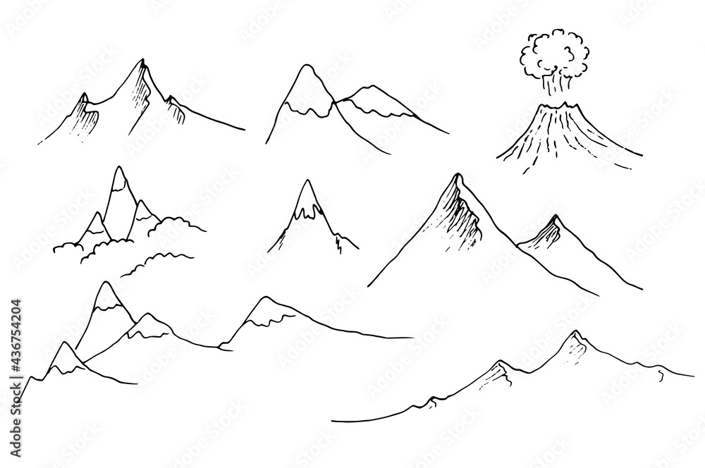 Vector set of isolated contour elements mountain peaks with a volcano ...