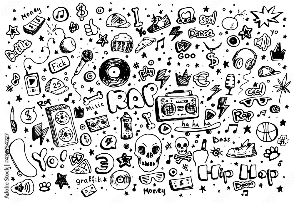 Vector set of street dance and teen music. isolated elements drawn in ...