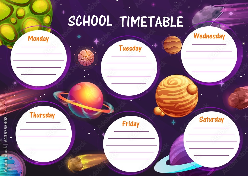 Cartoon space planets school timetable vector design of children ...