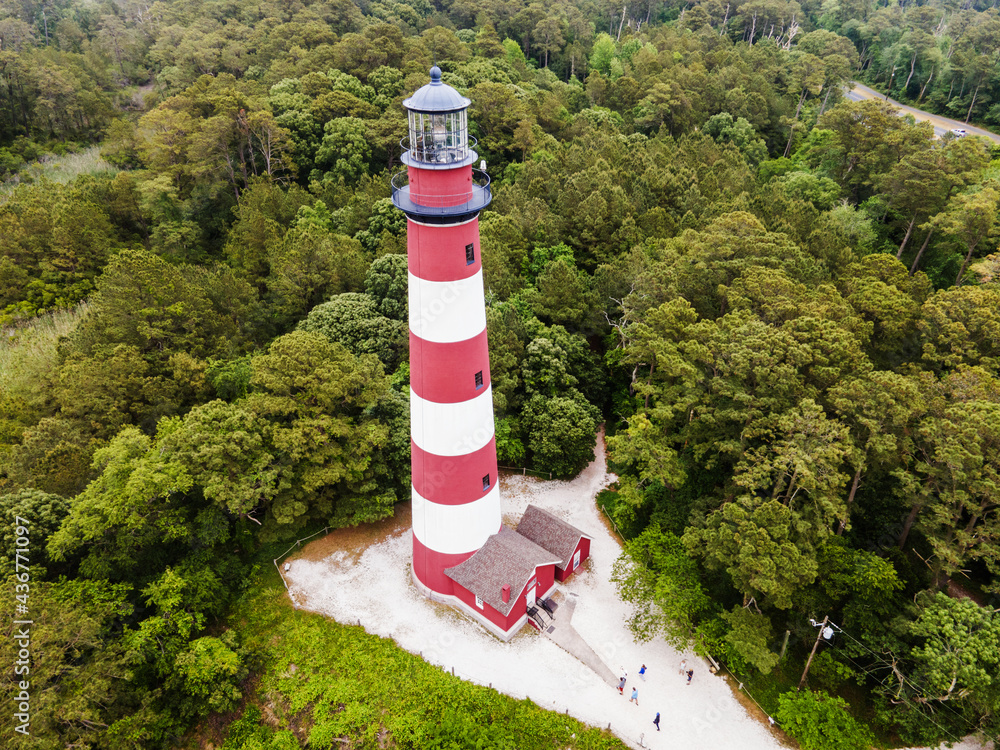 Drone view of the Assateague Island lighthouse in Virginia, USA ...