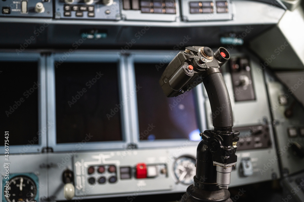 Airplane control stick. The cockpit of a jet aircraft Stock Photo ...