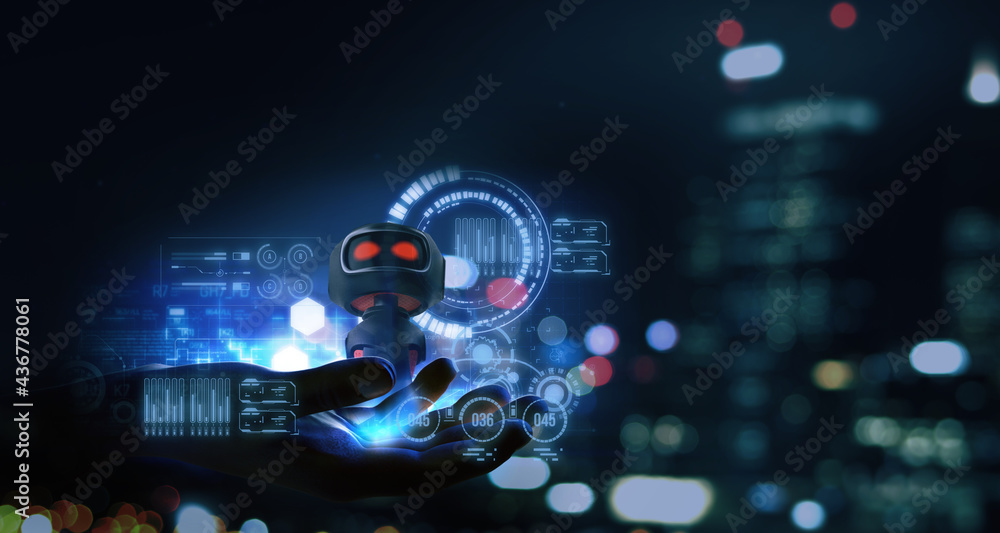 Futuristic technology and business concept - human hand with virtual ...