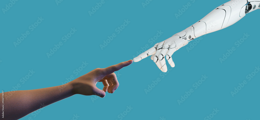 White cyborg finger about to touch human finger on blue background, 3D ...