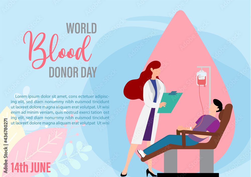 Young man and doctor in cartoon character receiving blood with wording ...