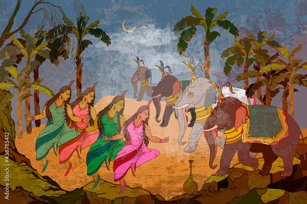 Ancient frescoes. Gods of India. Ramayana. Dancing goddesses in the ...