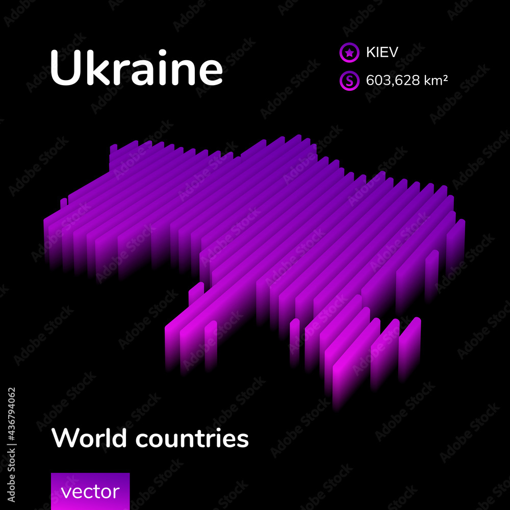 Stylized neon digital isometric striped vector Ukraine map with 3d ...