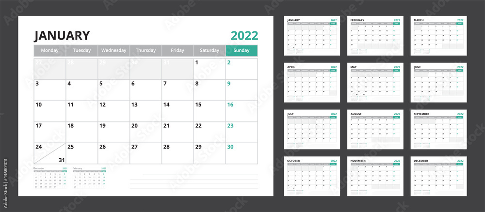 2022 calendar planner set for template corporate design week start on ...